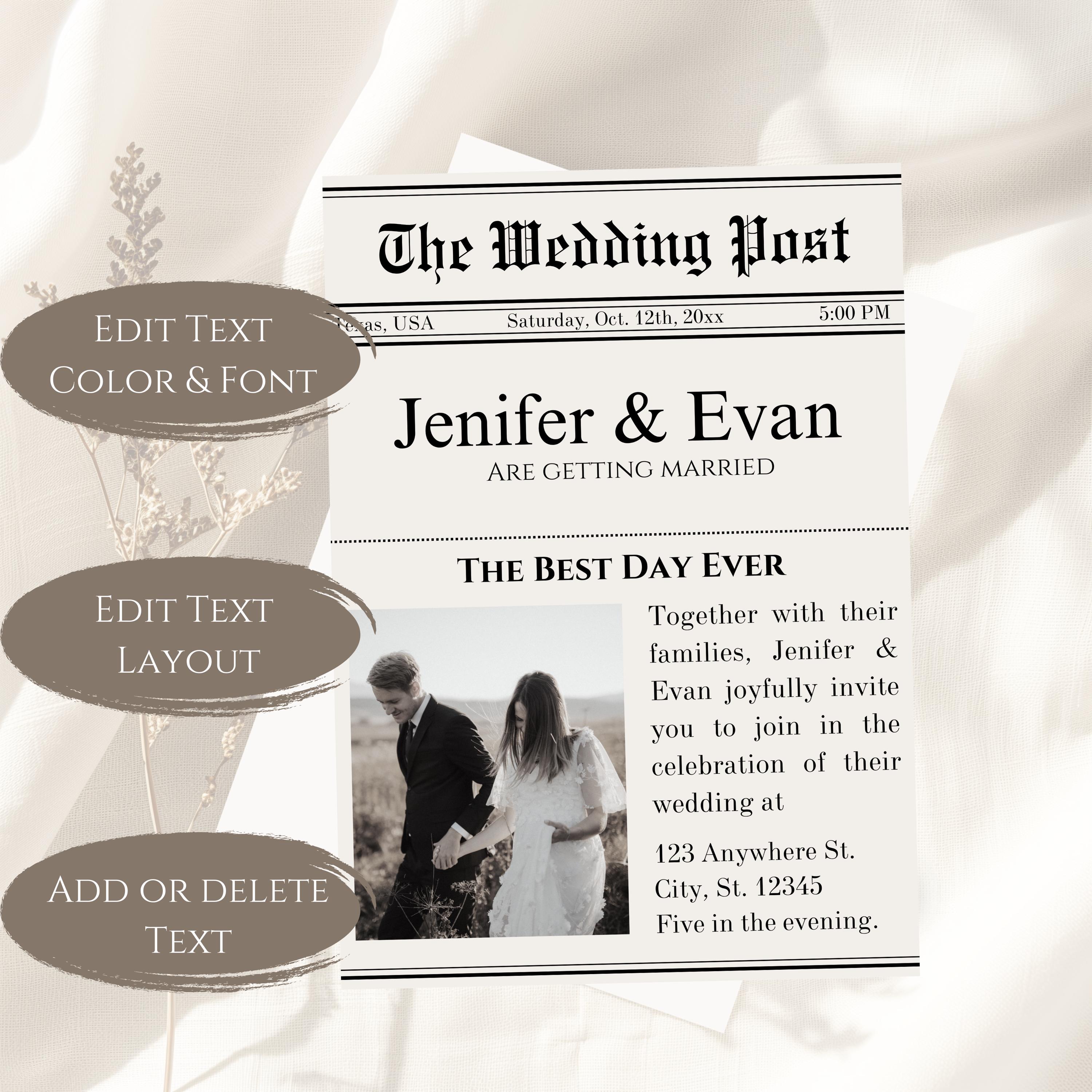 Newspaper Wedding Invitation Suite Vintage Save the Date Template Black ...