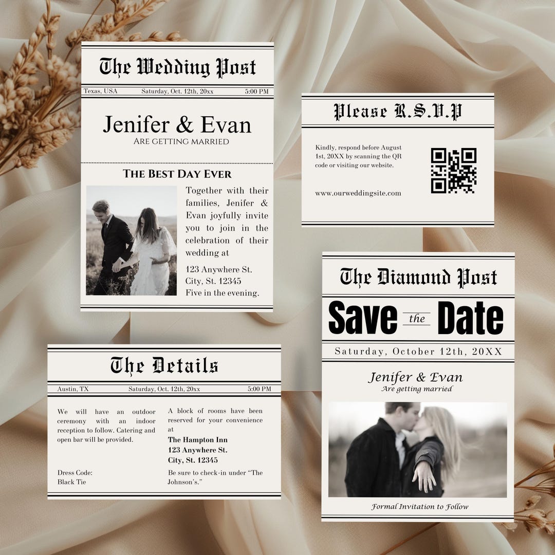 Newspaper Wedding Invitation Suite Vintage Save the Date Template Black ...