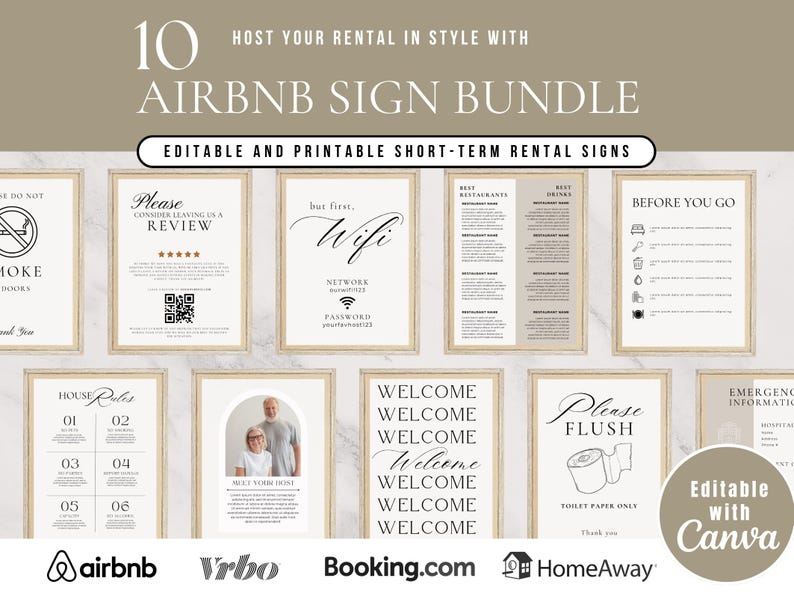 10-pack Printable Airbnb Signs Bundle: Stylish Designs With Wi-fi Info ...