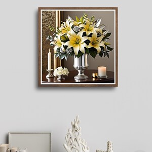 Lily and Rose Floral Arrangement Print, Silver Vase (digital Download ...