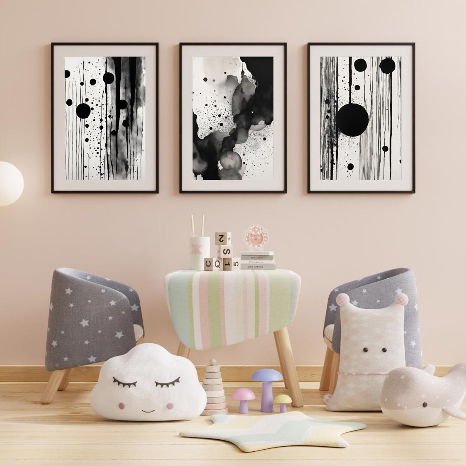 Black and White Abstract Ink Art Print Set – Minimalist Modern Wall ...