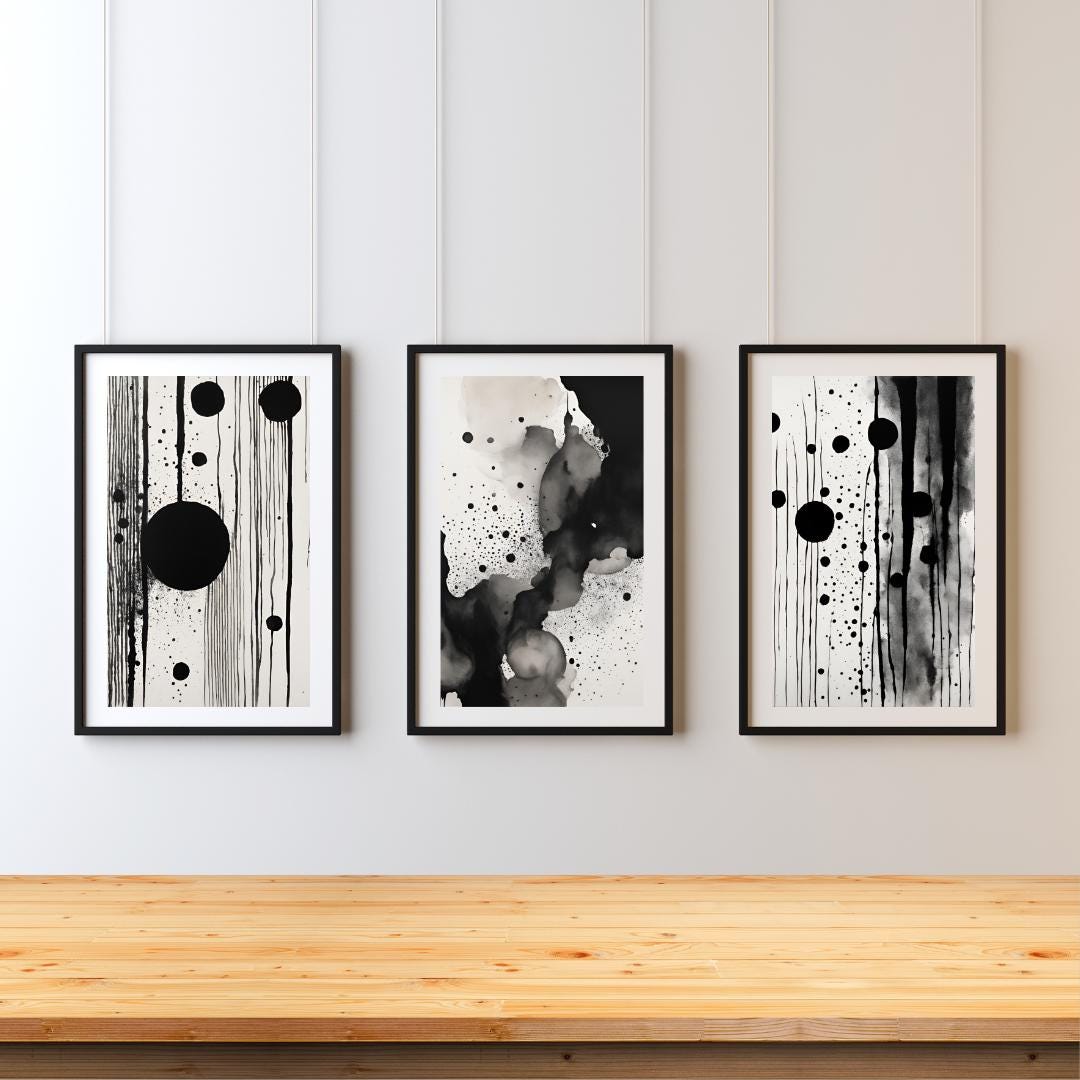 Black and White Abstract Ink Art Print Set – Minimalist Modern Wall ...