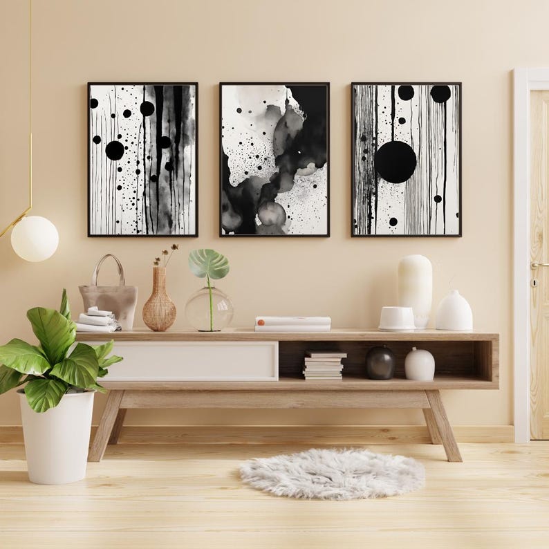 Black and White Abstract Ink Art Print Set – Minimalist Modern Wall ...