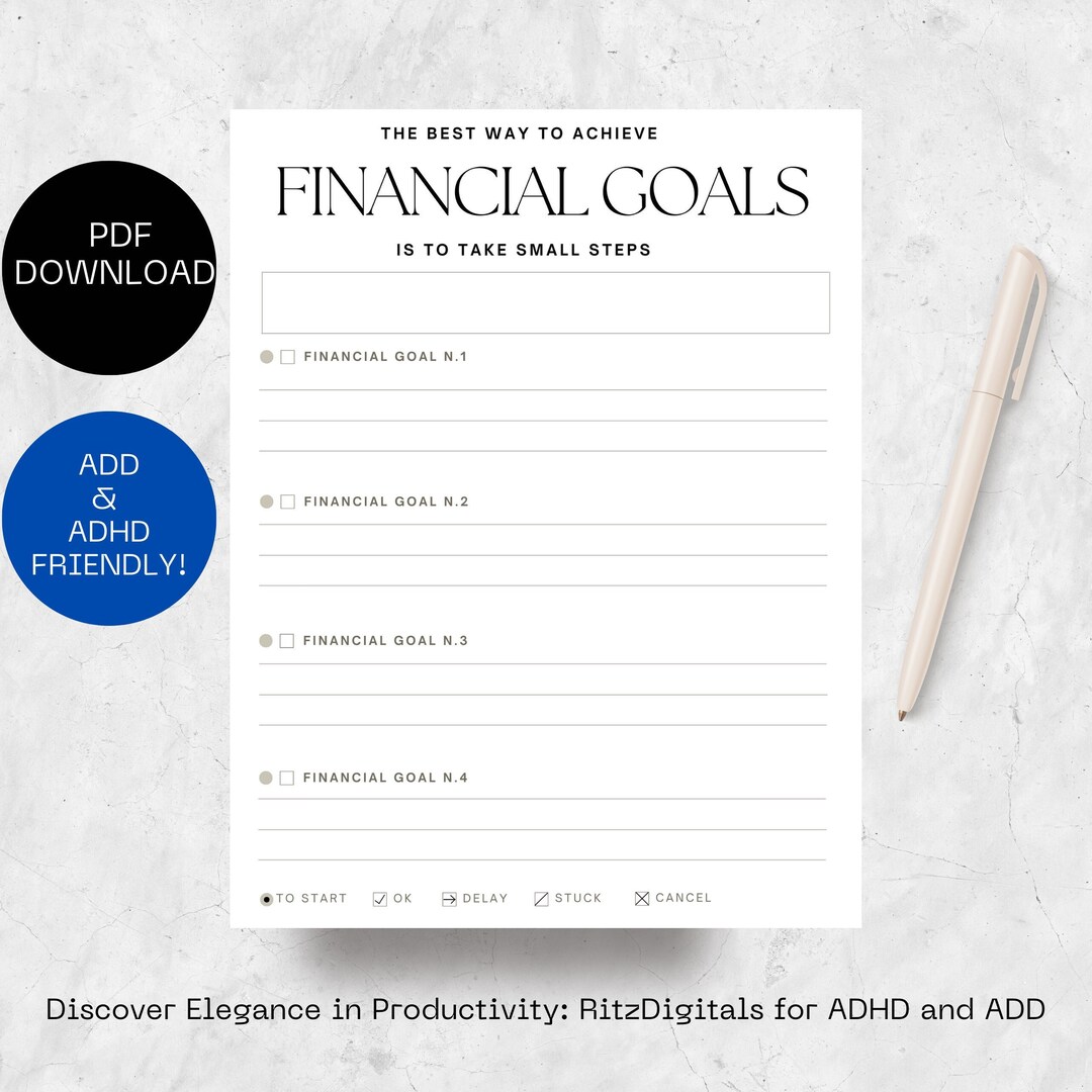 Financial Goals Worksheet ADD & ADHD Friendly Money Goals Productivity ...