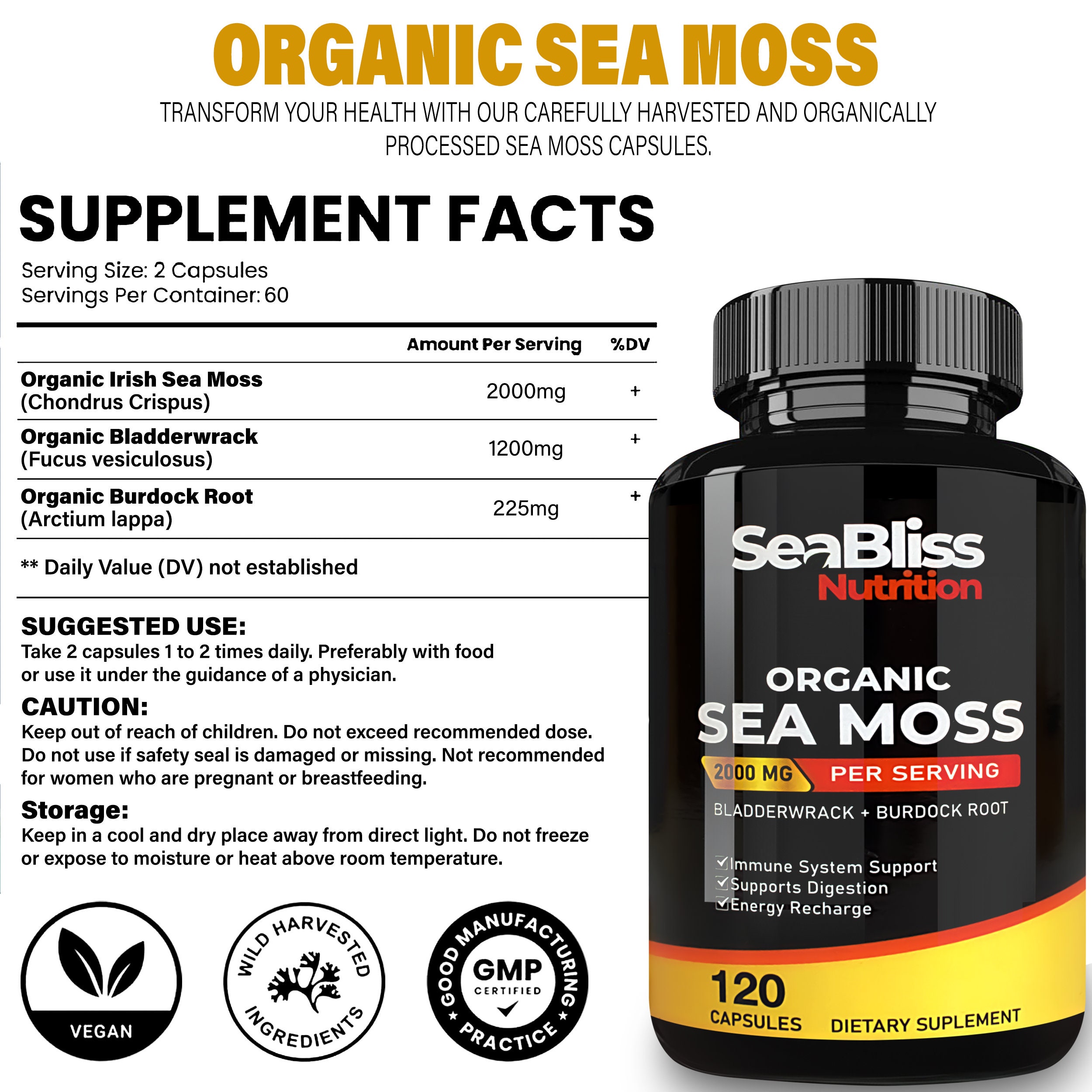 Sea Moss Capsules With Bladderwrack & Burdock Root 120 Capsules - Etsy