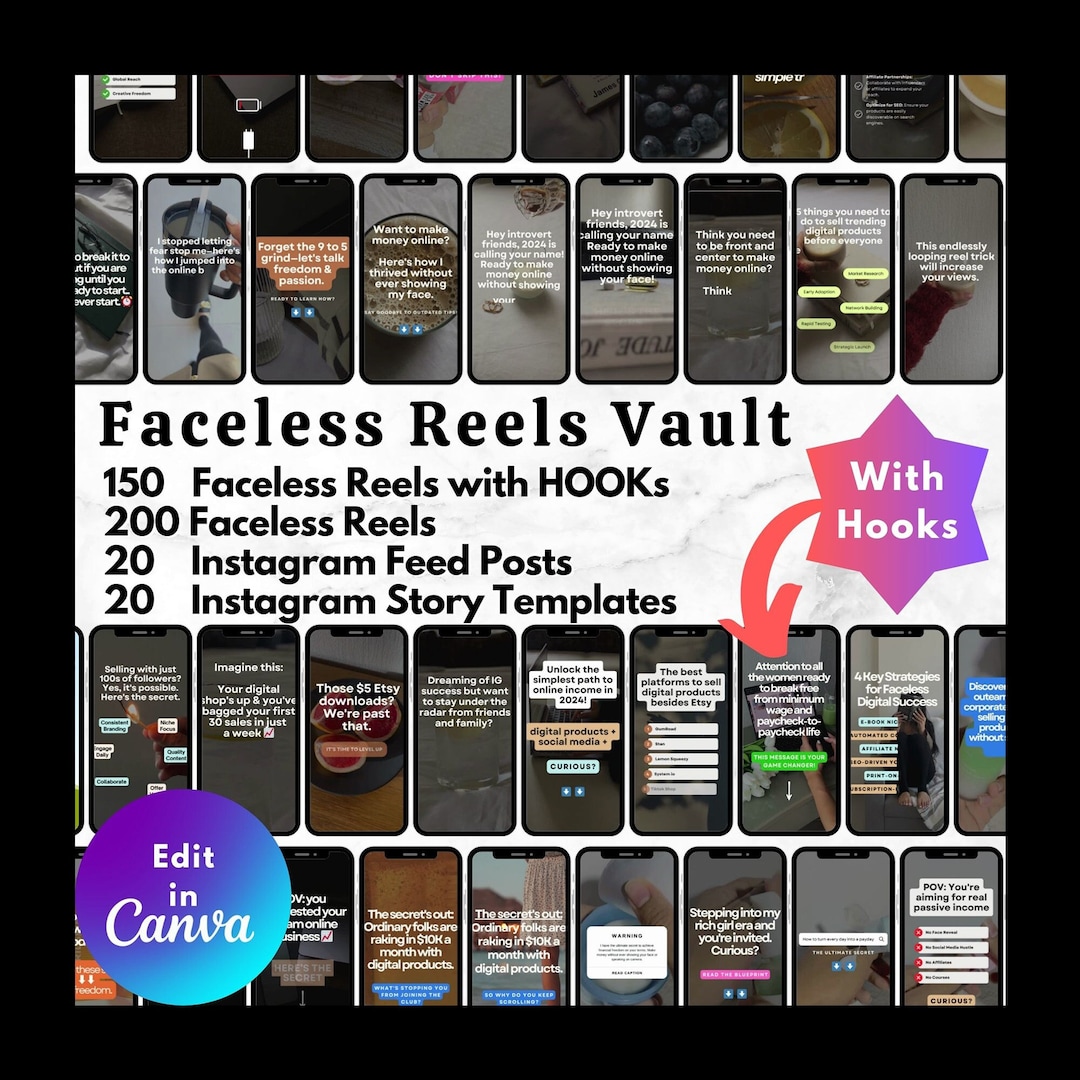 Faceless Reels Content Vault for Instagram & Tiktok, Canva Templates ...