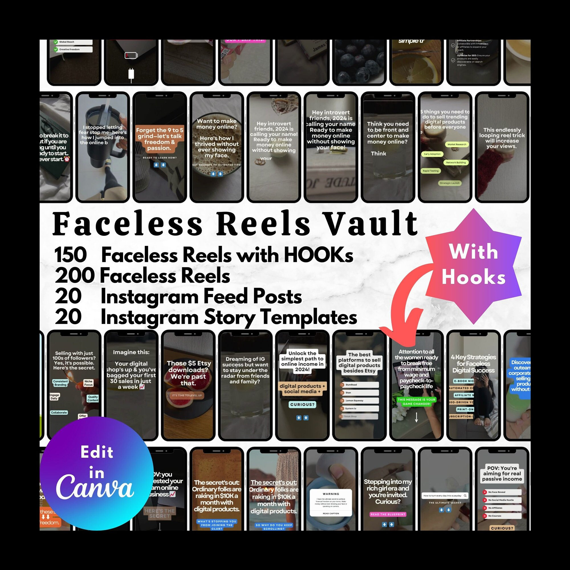 Faceless Reels Content Vault for Instagram & Tiktok, Canva Templates ...
