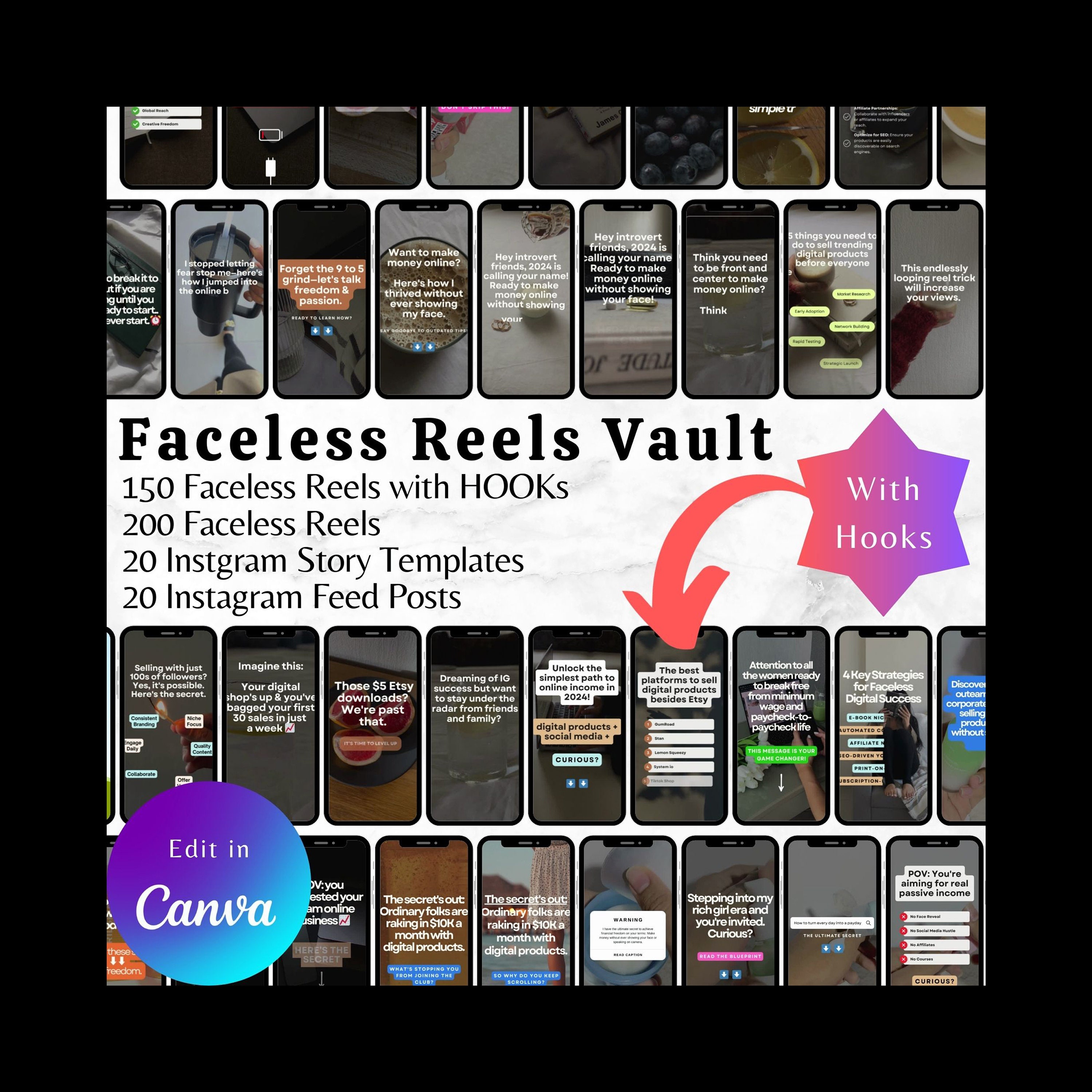 Faceless Reels Content Vault for Instagram & Tiktok, Canva Templates ...