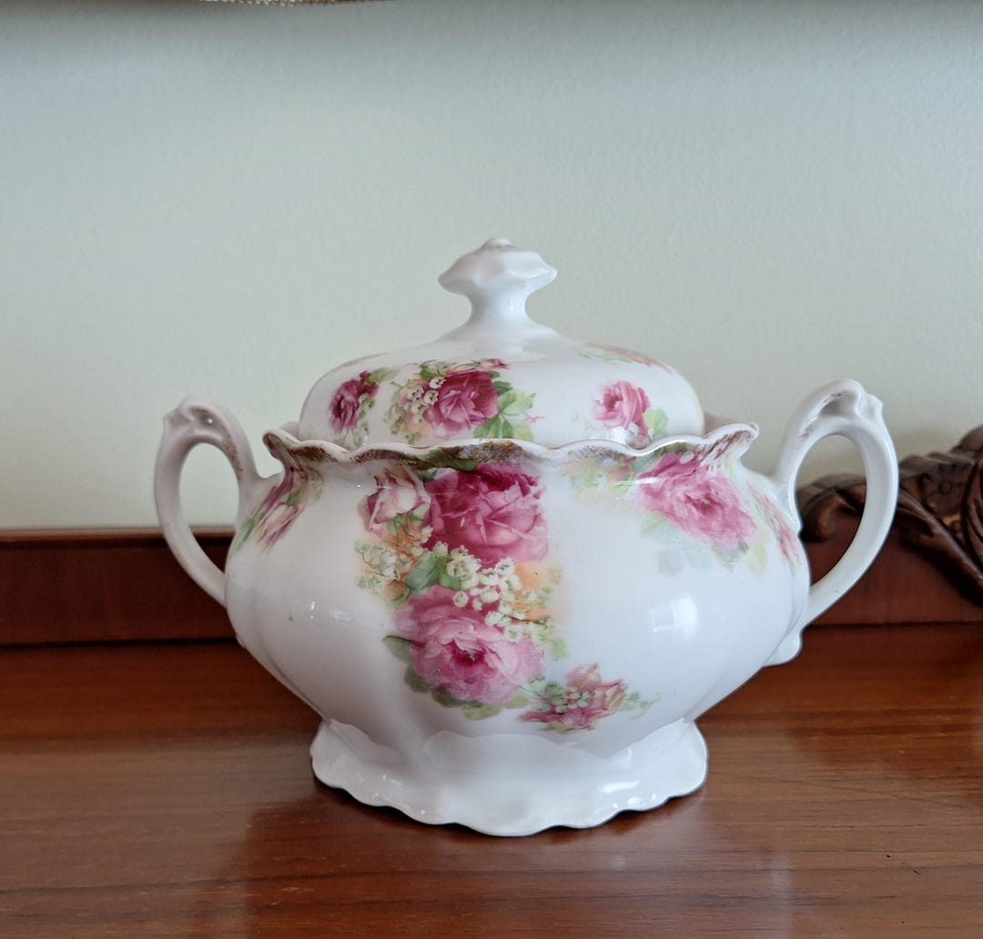 Sugar Bowl: Vintage Large With Rose and Floral Design on White ...