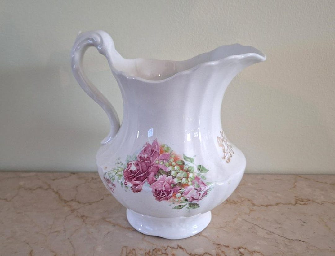 Antique Pitcher: Pink Roses on White - Gilt Trim - Nice Vase ...