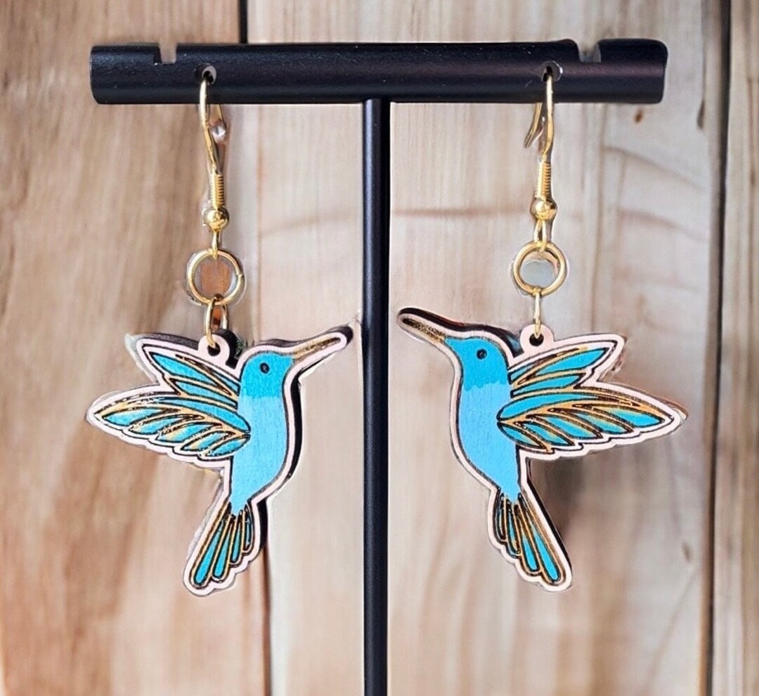 Guster Hummingbird Earrings Blue Gold Hand Painted Band Merch Nature ...