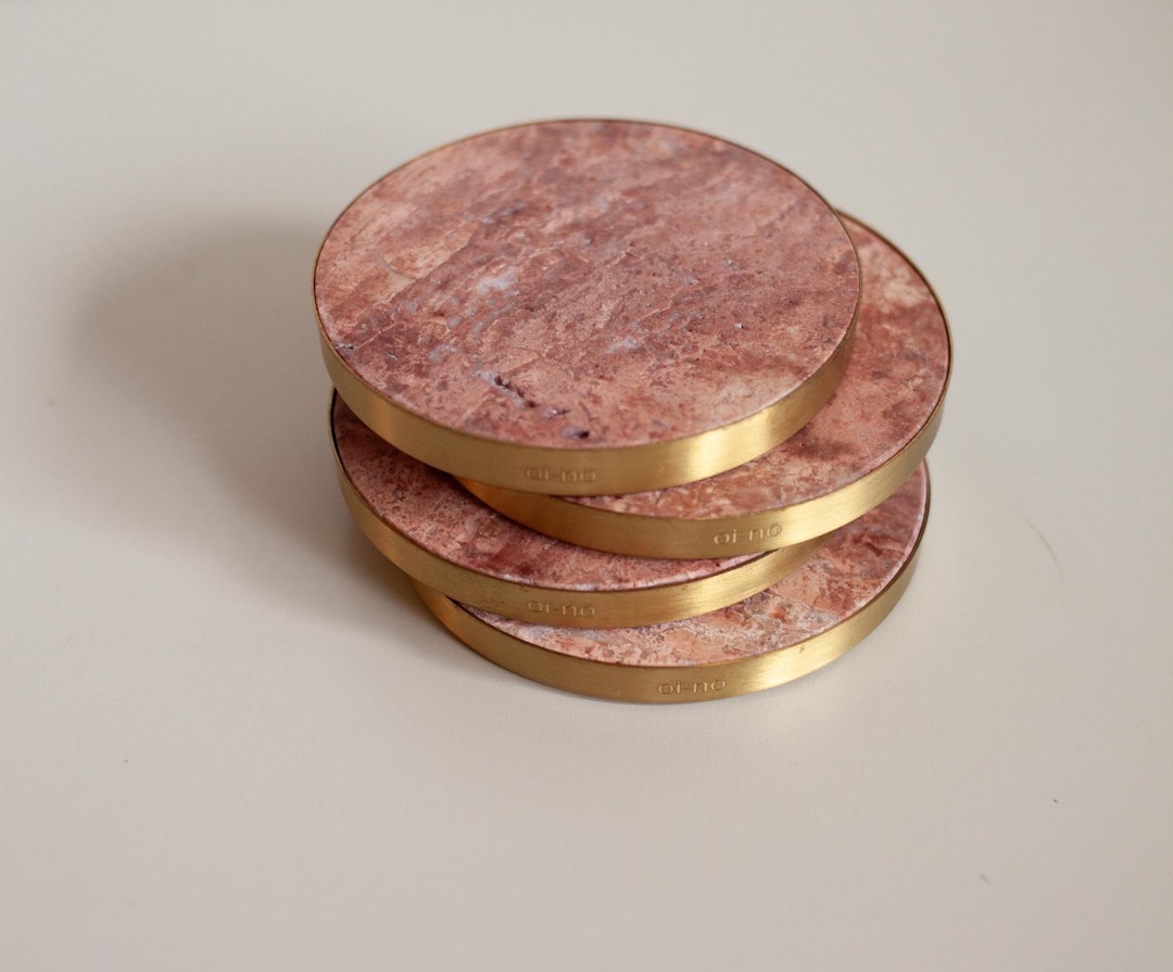 Red Travertine Round Coasters 4" (10 Cm) Wide Set, Brass Frame Coasters ...