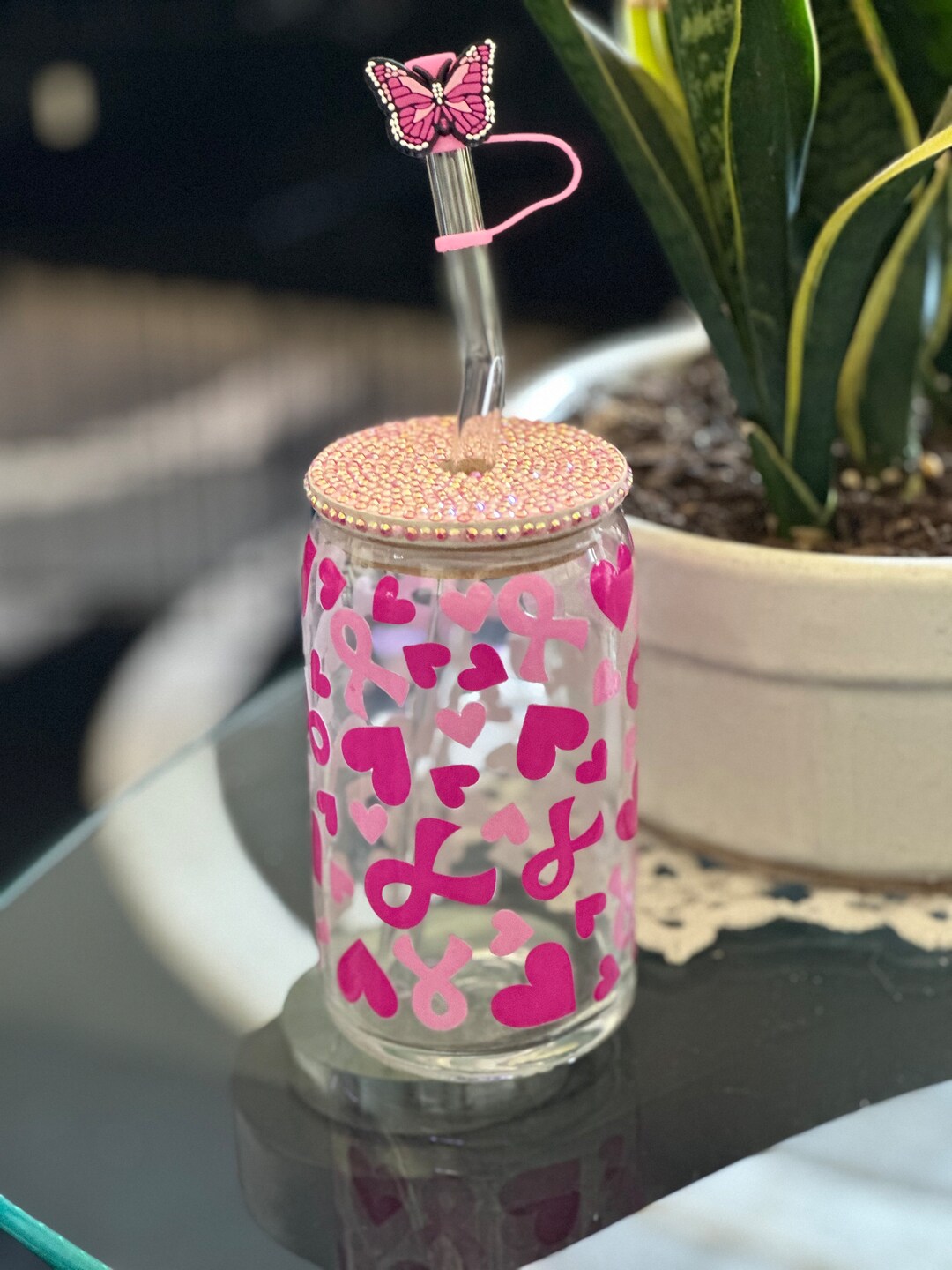 Iced Coffee Cup Breast Cancer Glass Can Breast Cancer - Etsy