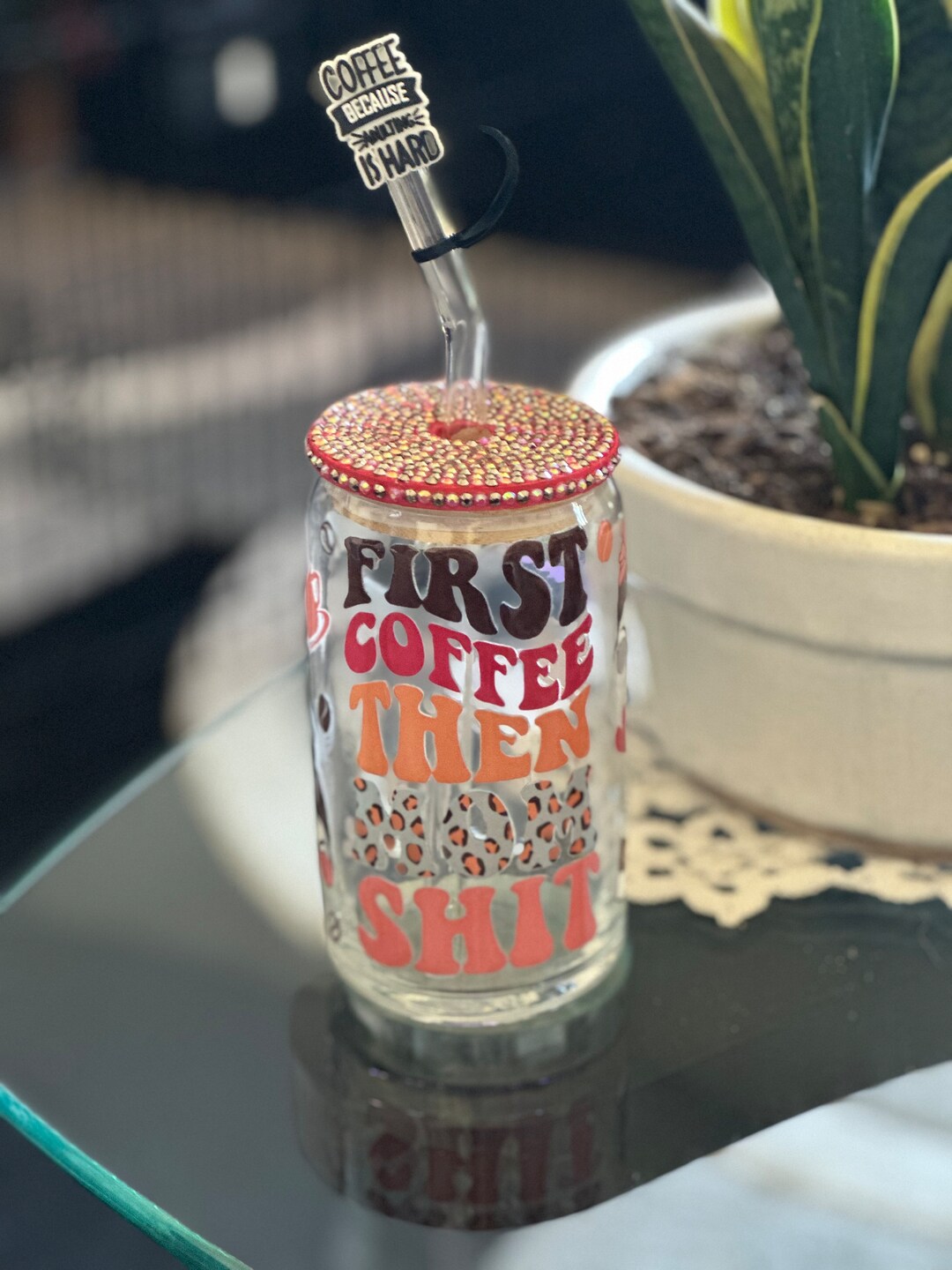 Iced Coffee Cup Libby 16 Oz Can Bling Lid First Coffee Then - Etsy