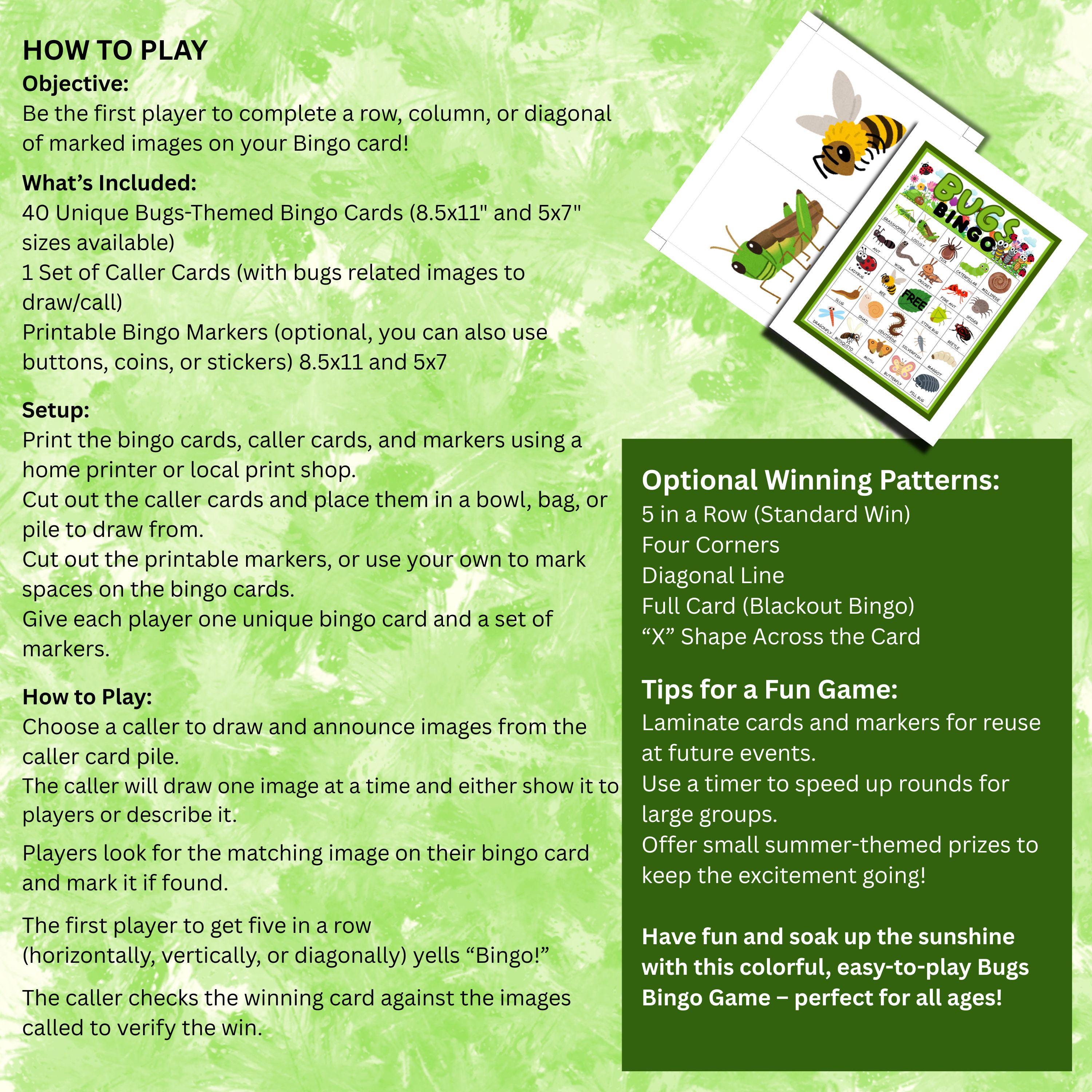 Bug Bingo Game: Printable Insect Activities for Kids (digital Download ...