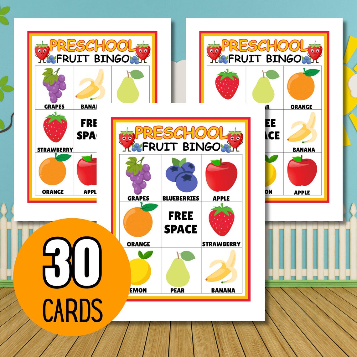 Preschool Fruit Bingo Game: 30 Printable Cards + Coloring Pages (PDF ...