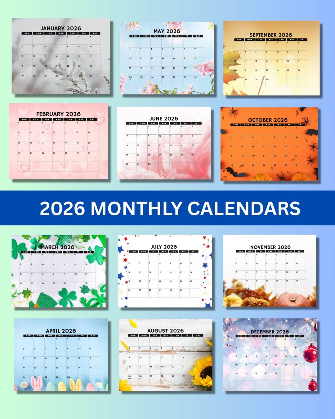 2026 Calendars, Printable PDF, Monthly Calendar, 2026 Calendar, Themed ...