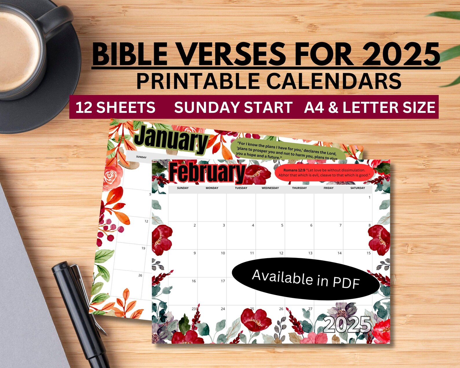 2025 Calendar Printable PDF, Monthly Calendar, Bible Verse 2025 ...