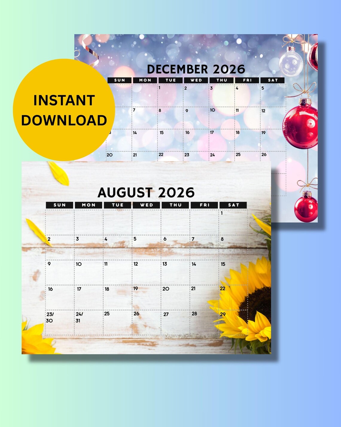 2026 Calendars, Printable PDF, Monthly Calendar, 2026 Calendar, Themed ...