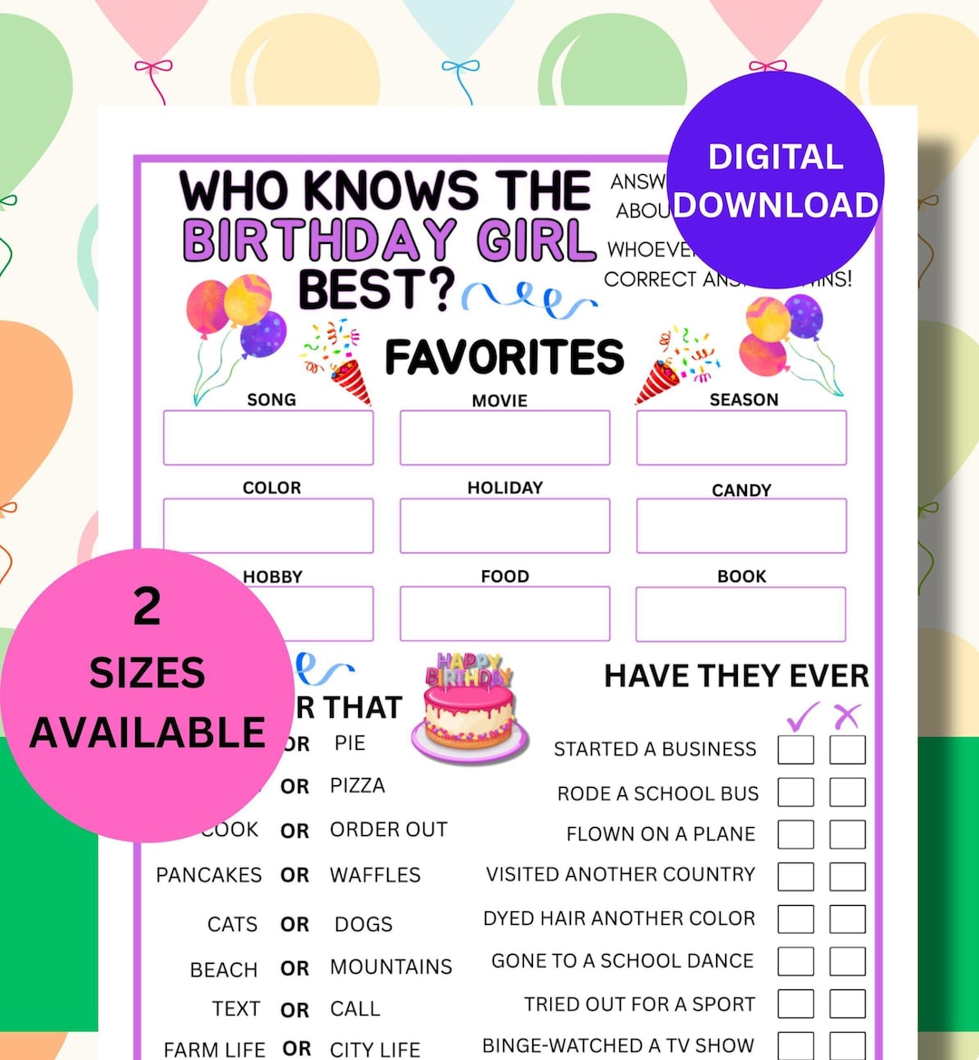 Who Knows the Birthday Girl Best, 8.5x11 & 5x7in Versions, Birthday ...