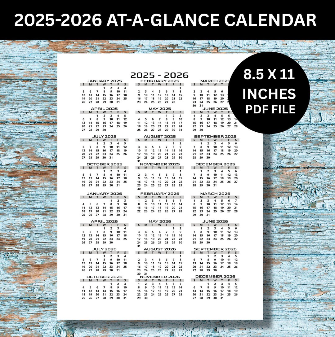 2025-2026 At-a-glance Calendar, Printable PDF, Monthly Calendar, 2025 ...