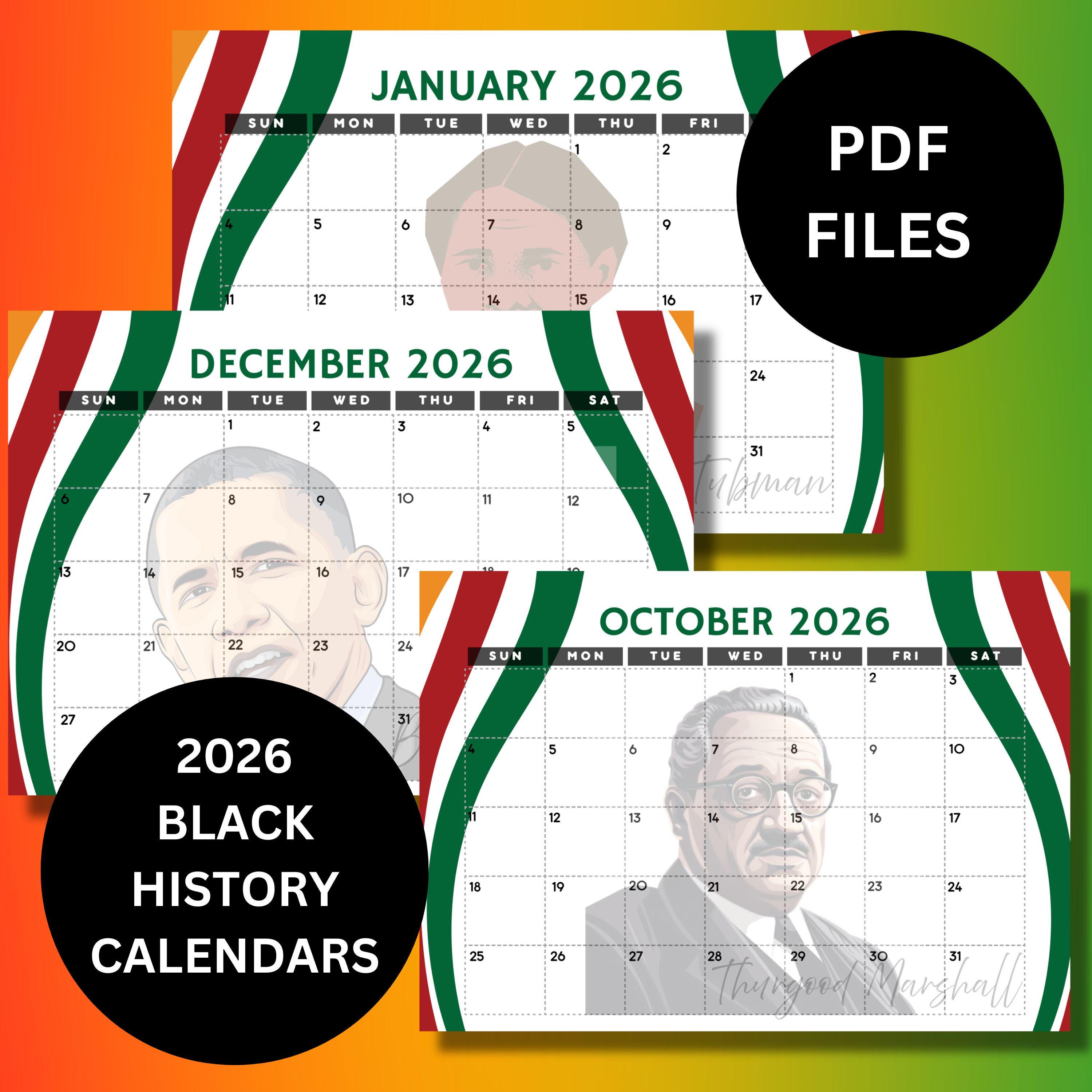 2026 Calendar Printable PDF, Monthly Calendar, Black History 2026 ...