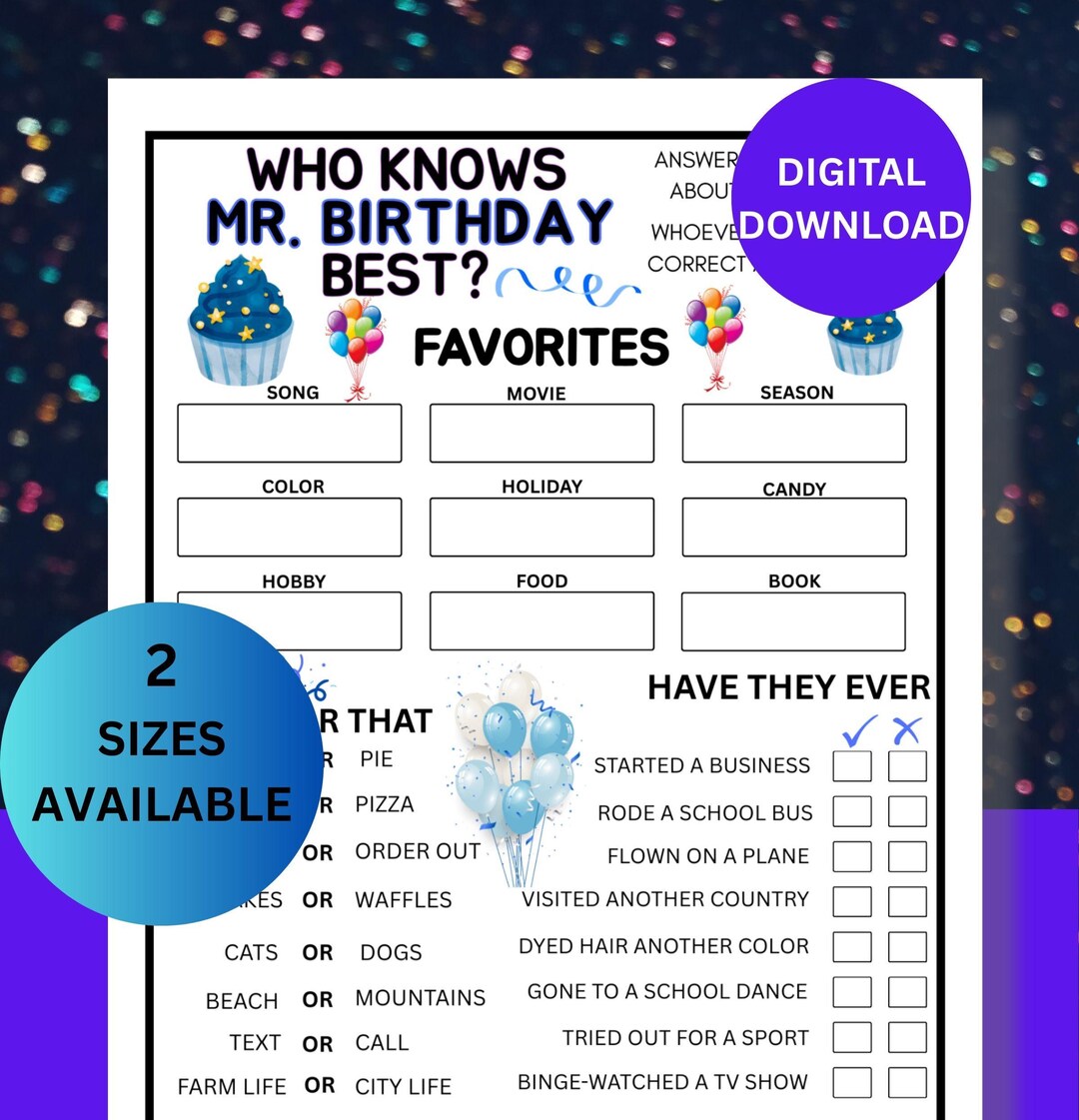 Birthday Boy Trivia Game, Printable Party Game (digital Download ...
