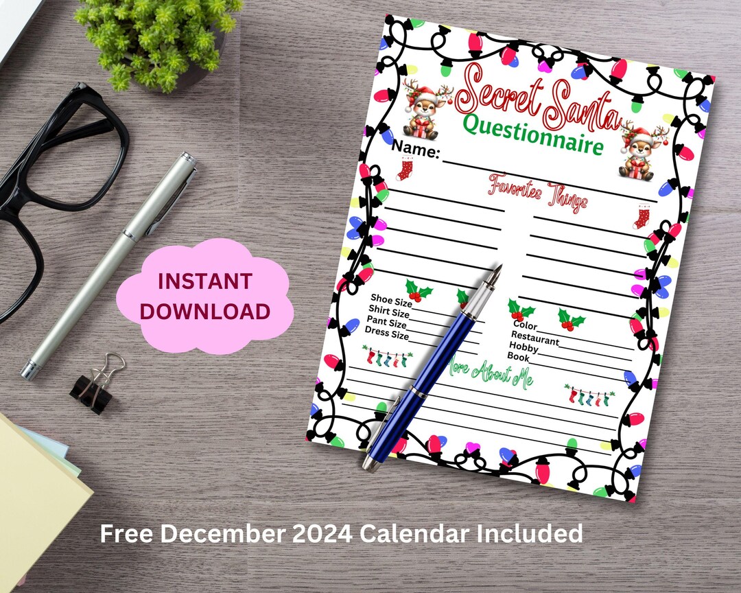 Secret Santa Questionnaire Printable, My Favorite Things, December ...