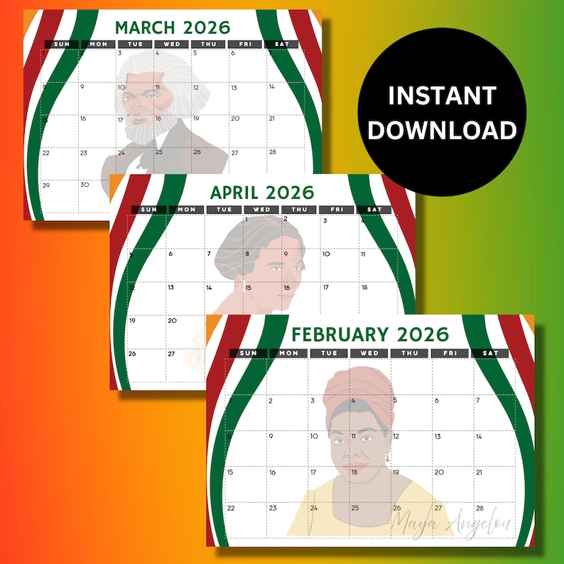 2026 Calendar Printable PDF, Monthly Calendar, Black History 2026 ...
