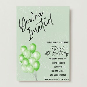 Editable Green Birthday Invitation Template 5x7 - Etsy