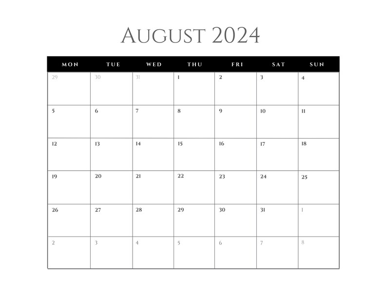 2024 Printable Simple Monthly Calendar in Black and White and Dated ...