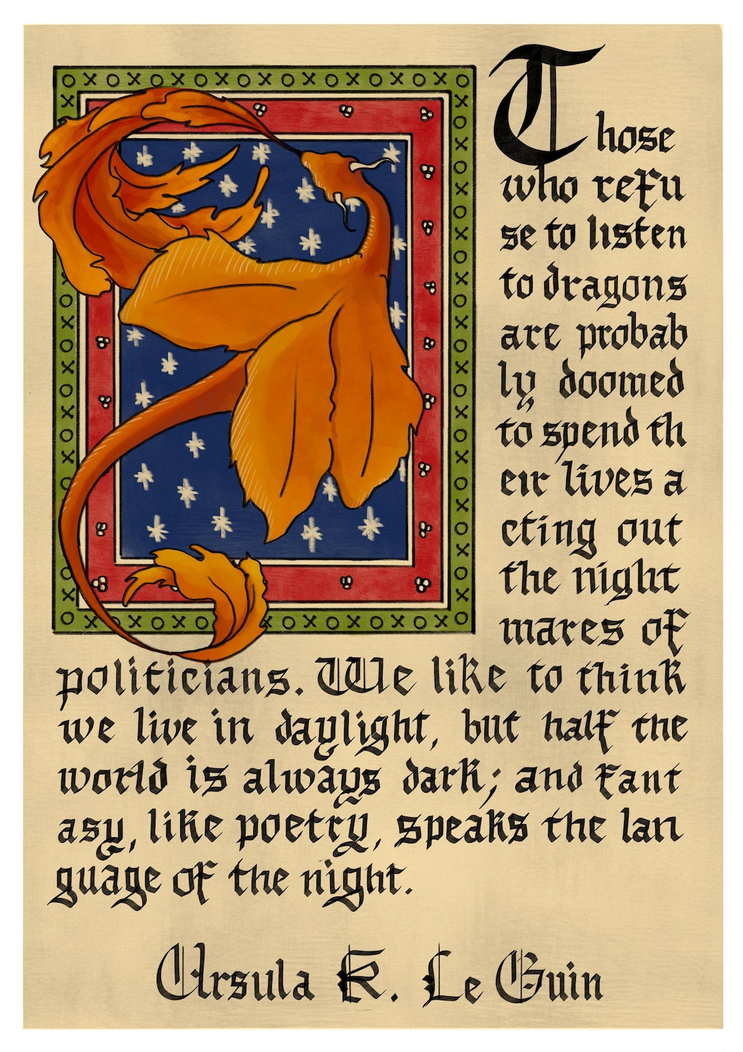 Ursula K. Leguin Quote - Medieval Calligraphy With Dragon - Giclee Art ...