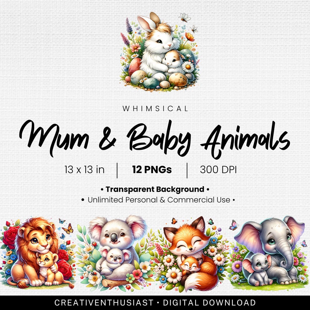 Whimsical Mum and Baby Animals Clip Art: 12 PNG Illustrations (digital ...