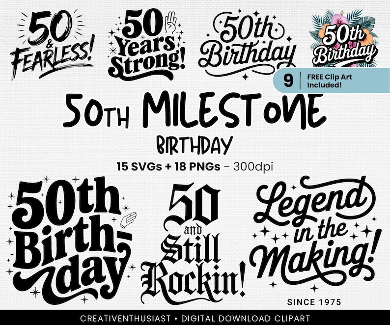33 '50th Birthday' Clipart: Milestone SVG & PNG Designs (digital ...
