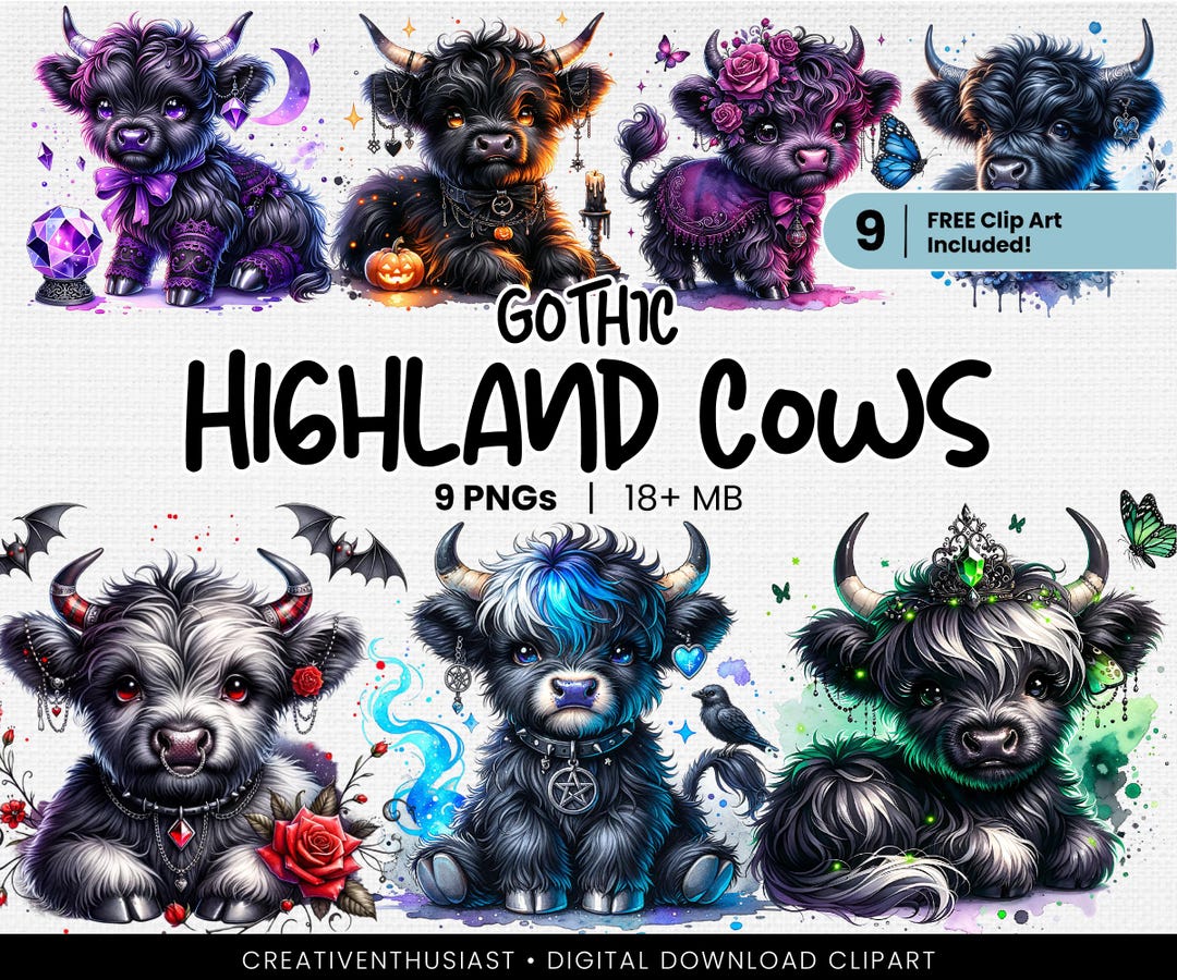 Gothic Highland Cows Clipart Set, 9 PNG Files Digital Download ...