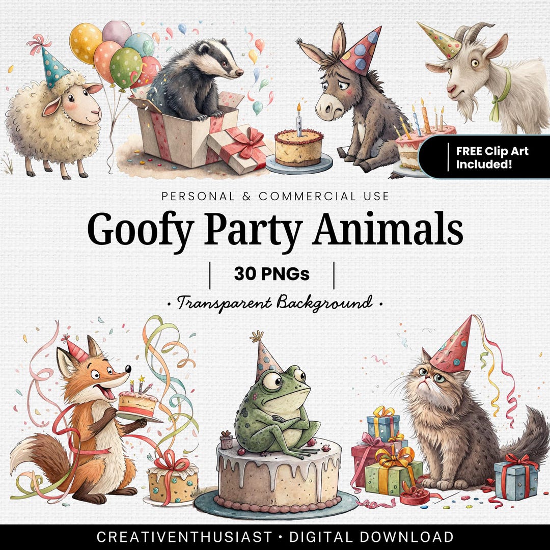 30 Watercolor Party Animals Clipart, Birthday PNG Images (digital ...