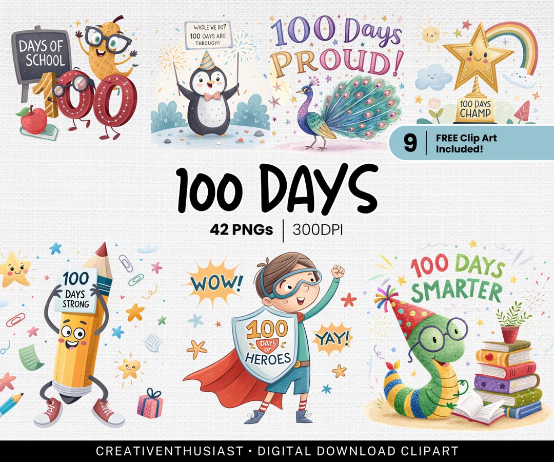 100 Days of School Clipart Bundle: Educational PNG Graphics (digital ...