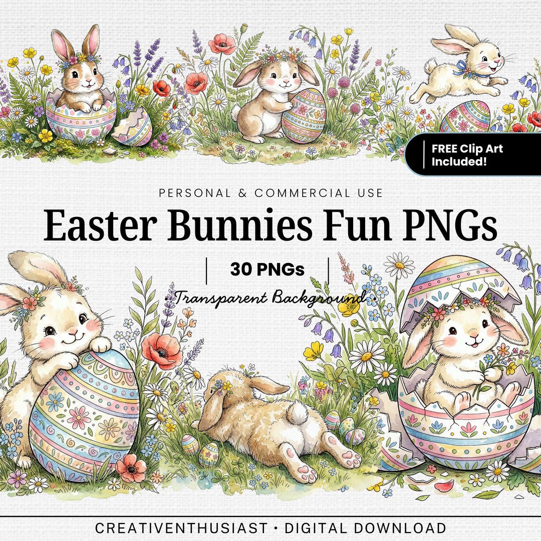 30 Easter Bunnies Watercolor Clipart, Spring Eggs PNG (digital Download ...