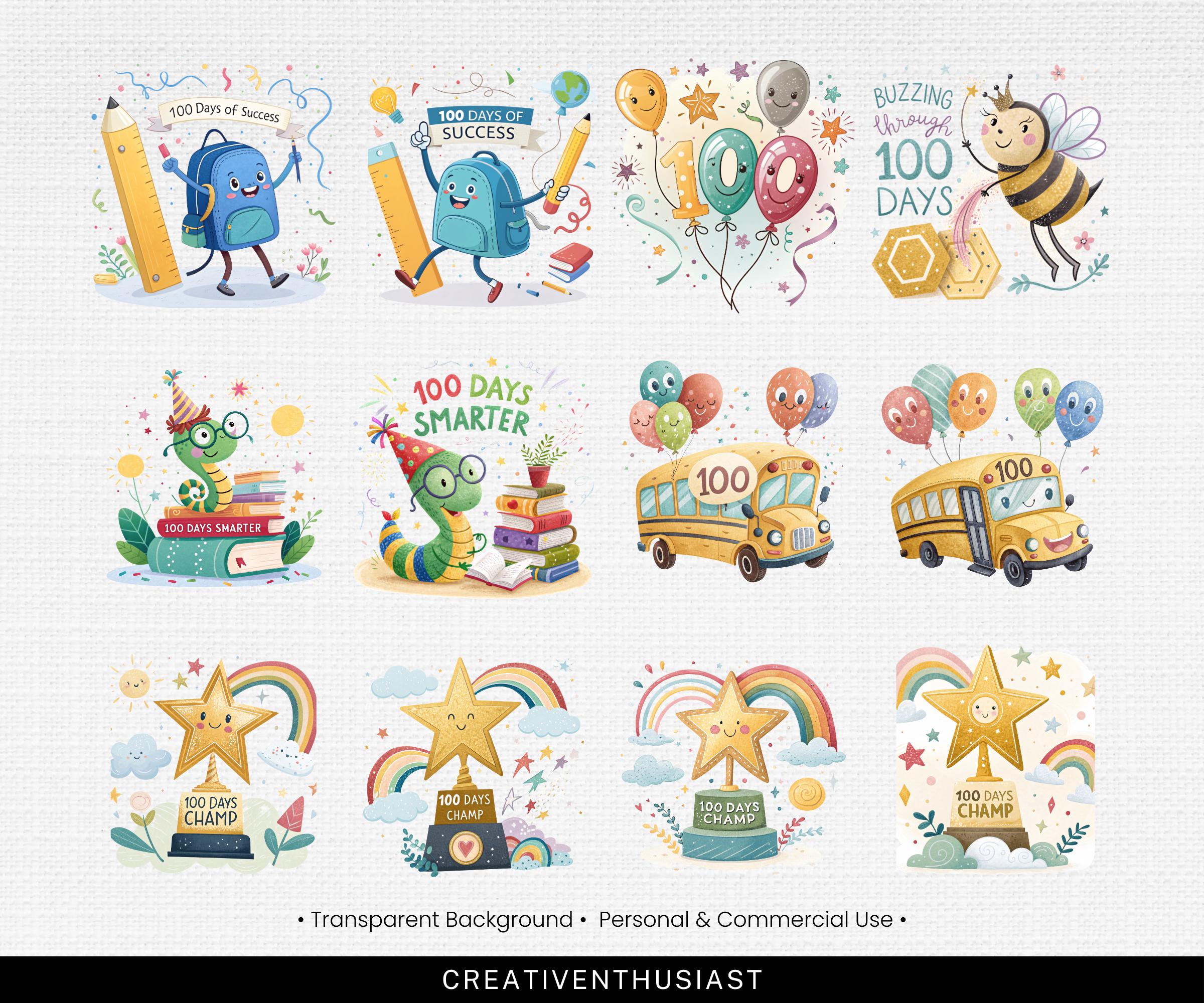 100 Days of School Clipart Bundle: Educational PNG Graphics (digital ...