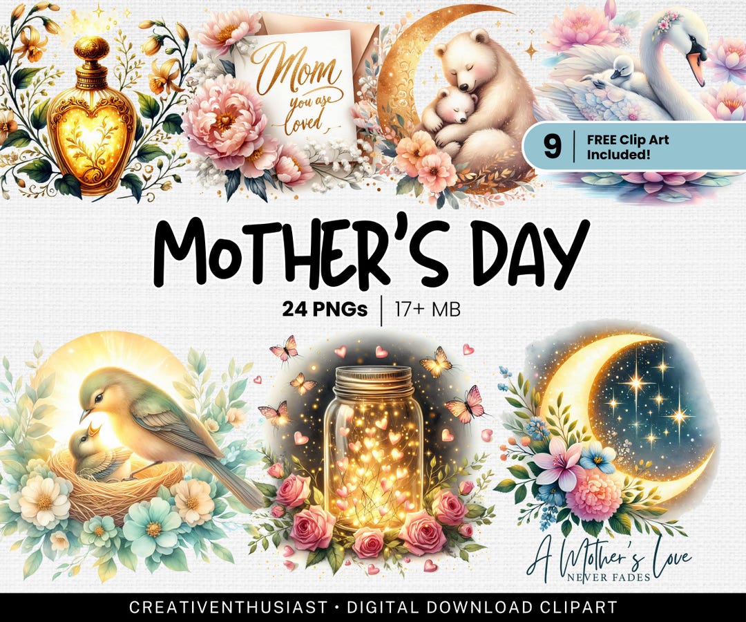 Mother's Day Clipart Bundle, 24 Pngs Digital Download, Cute Animal ...