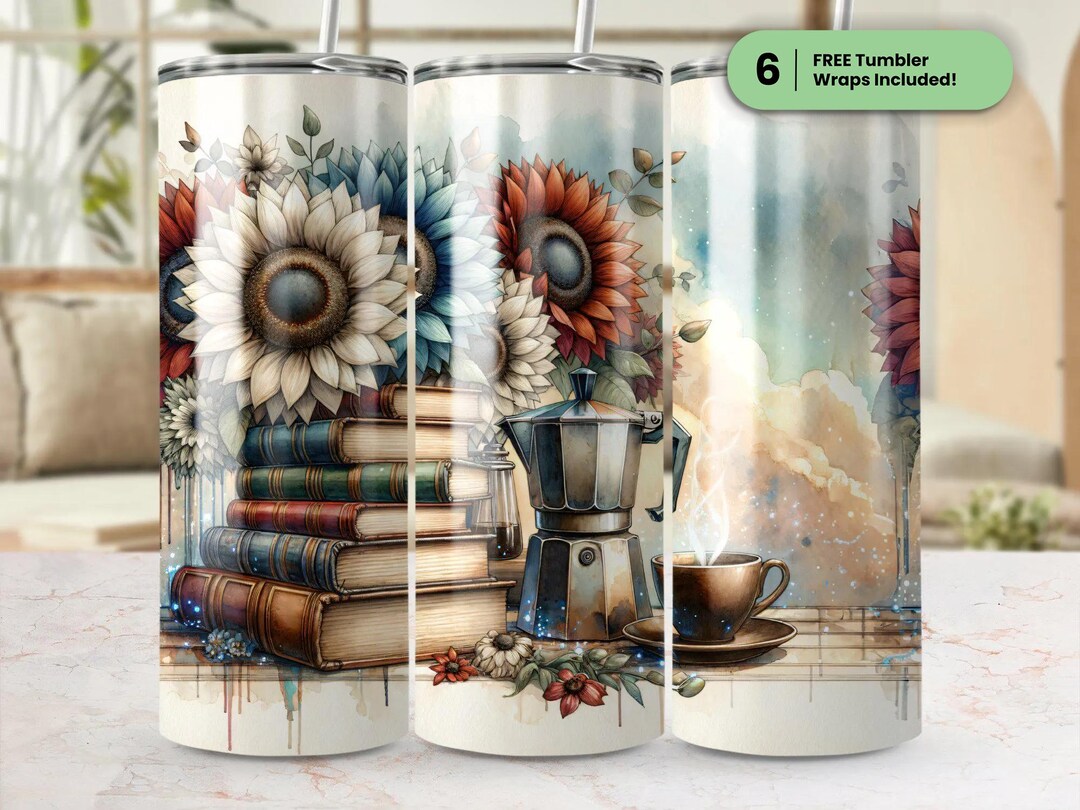 Seamless Sublimation Tumbler Wrap PNG 20oz Skinny Tumbler Coffee Books ...