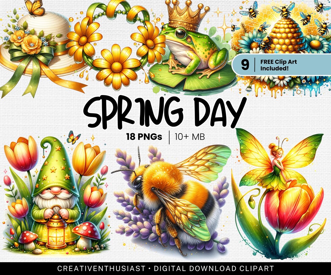 Spring Day Digital Clipart, 18 Pngs Set, Spring Animals and Flowers ...