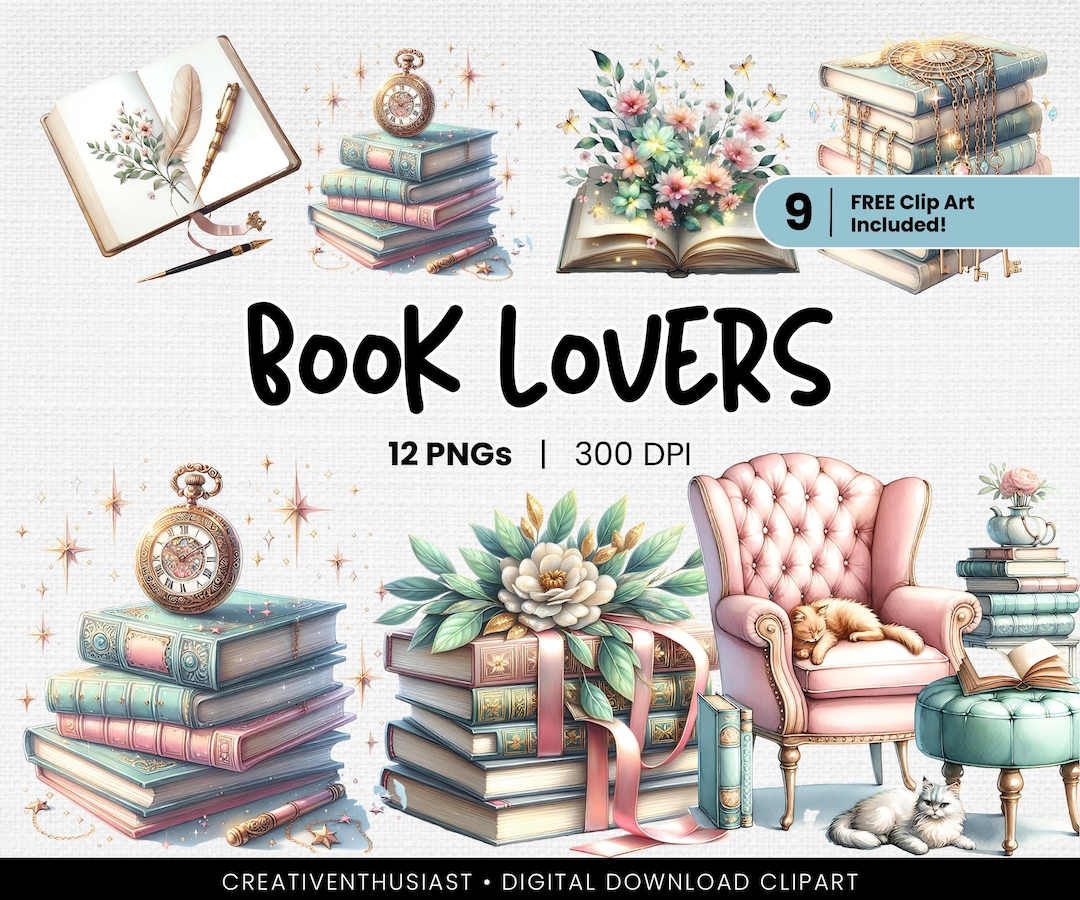 Book Lovers Clip Art Set, 12 Pngs Transparent Background, Digital ...