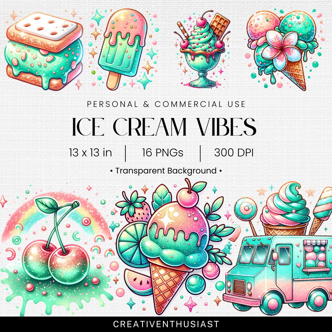 Ice Cream Vibes Clipart PNG, Glitter Ice Cream Truck, Candy Digital Art ...
