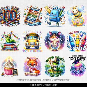 100 Days School Digital Clipart Set, Cute School Bus Unicorn Cupcake ...