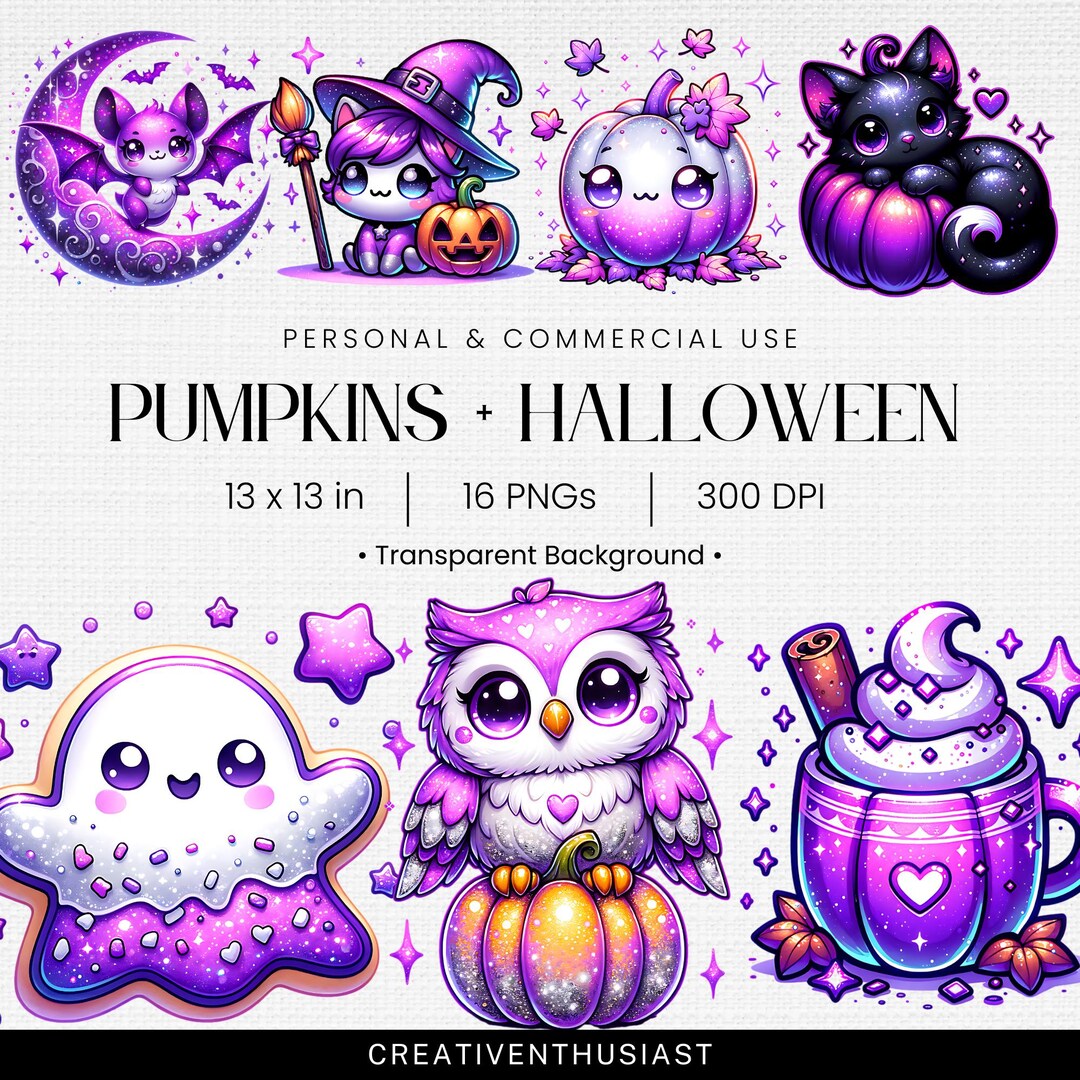 Halloween Clipart, Cute Glitter Digital Art, Kawaii PNG Stickers ...