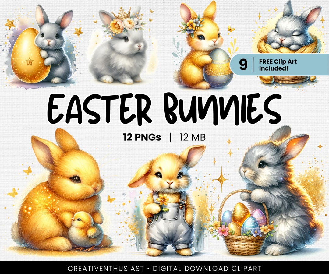 12 Easter Bunny Digital Clipart, Cute Rabbit Easter PNG, Instant ...