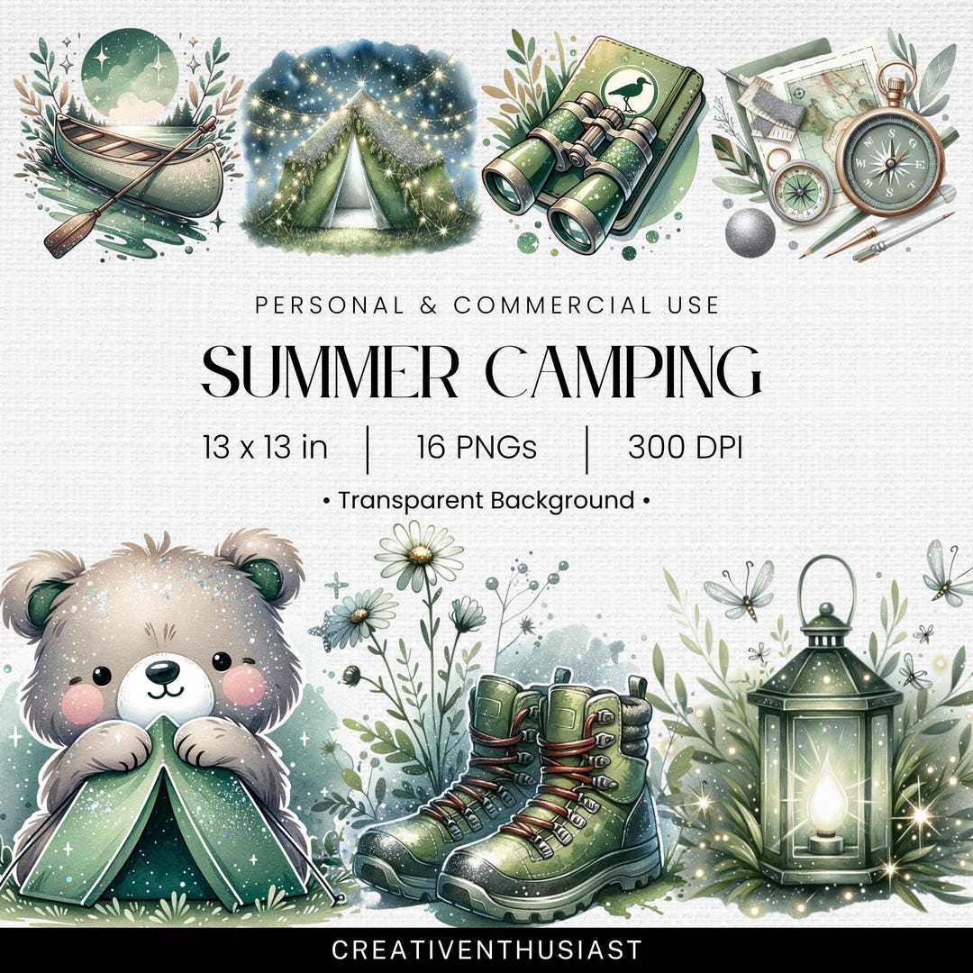 Summer Camping Clipart, Glitter Camping Pngs, Camping Bear, Cute Bear ...