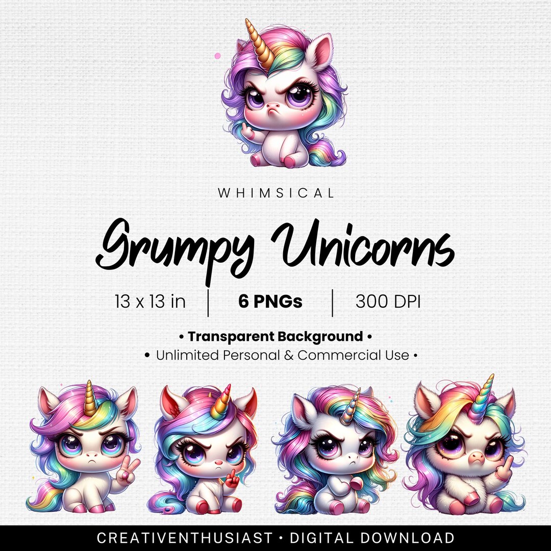 Cute Grumpy Unicorns Clipart, Cartoon Unicorn Digital Download, Kawaii Unicorns Art 6 Pngs ...