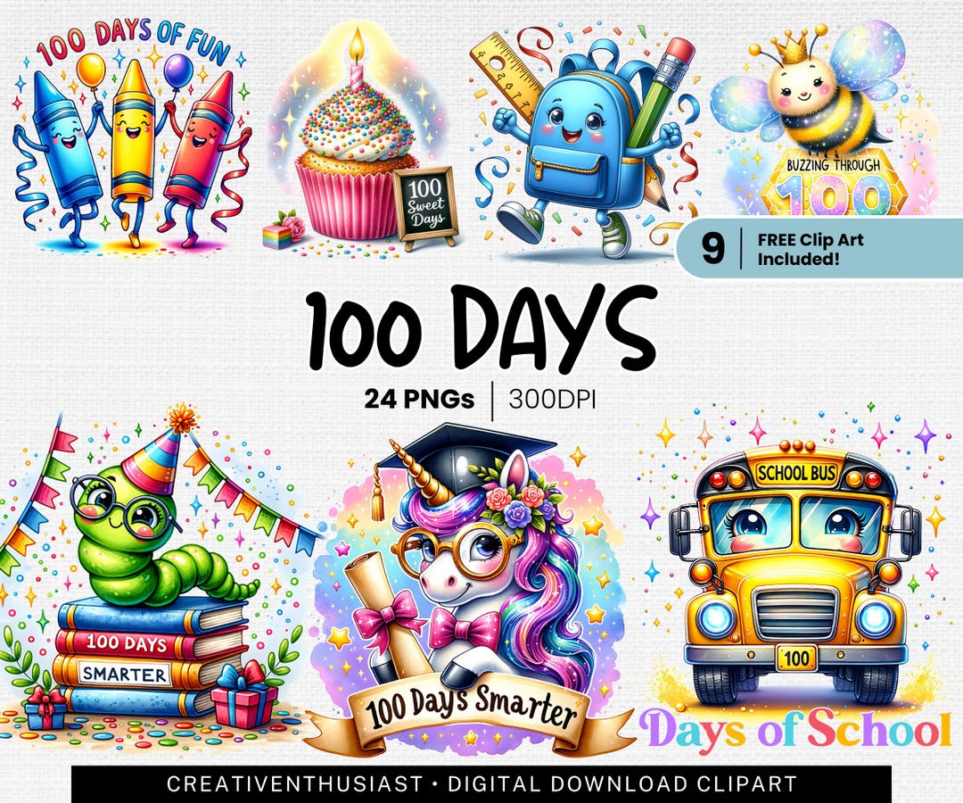100 Days School Digital Clipart Set, Cute School Bus Unicorn Cupcake ...